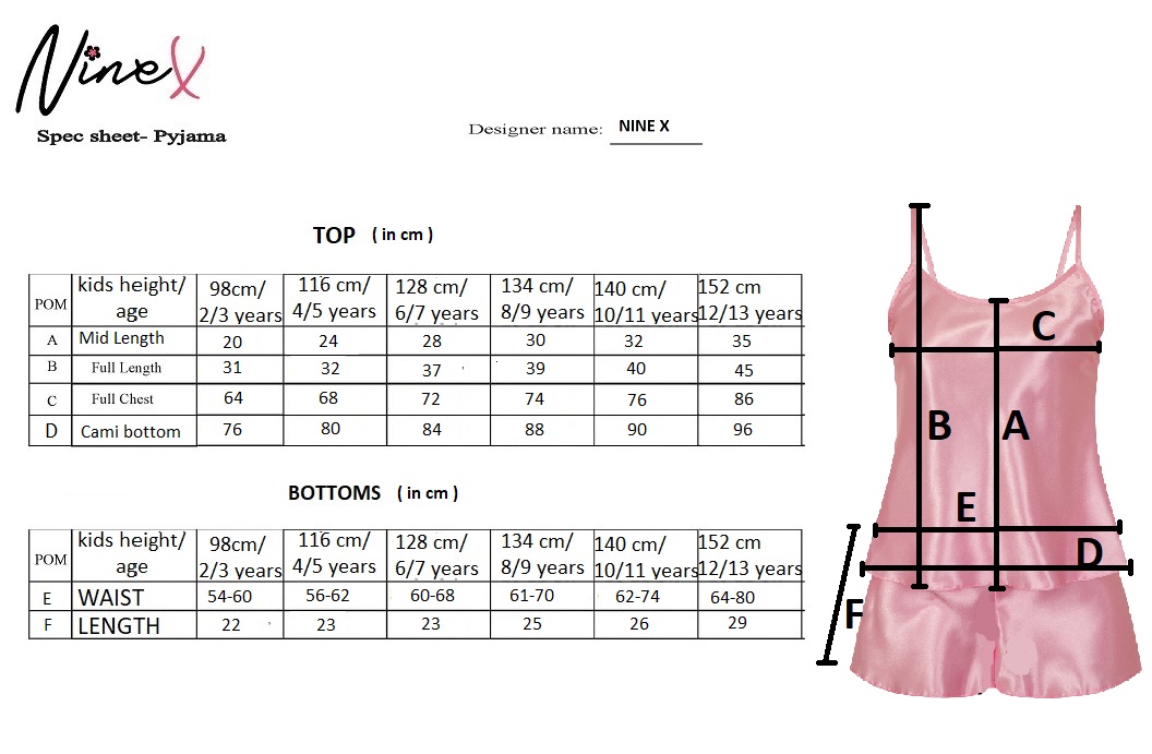 Nine X Girls Kids Satin Cami Set Age 2-13 Years Nightwear